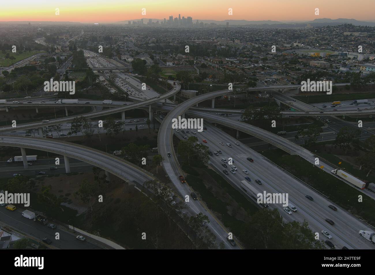 An aerial view of traffic on the California State Route 60 and ...