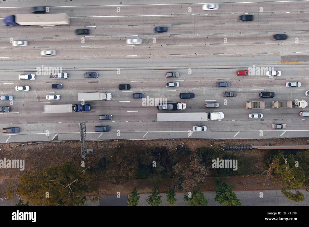 An aerial view of traffic on the California State Route 60 freeway ...