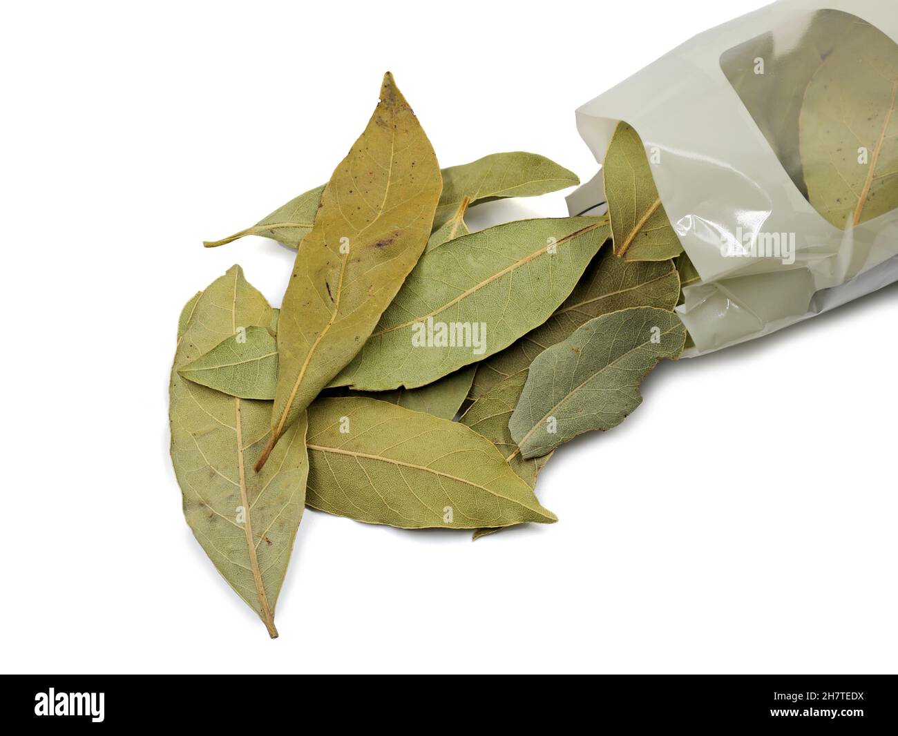 dried bay leaves with packaging isolated on white background Stock ...