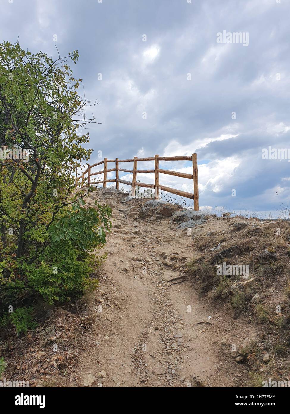 Trail with a wooden railing, footpath, country road, alley, lane in ...