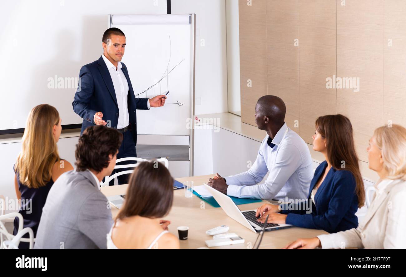 Man presenting business project to coworkers Stock Photo - Alamy