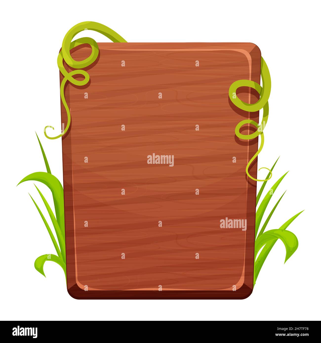 Wooden plank, jungle frame with leaves, exotic decoration in comic ...
