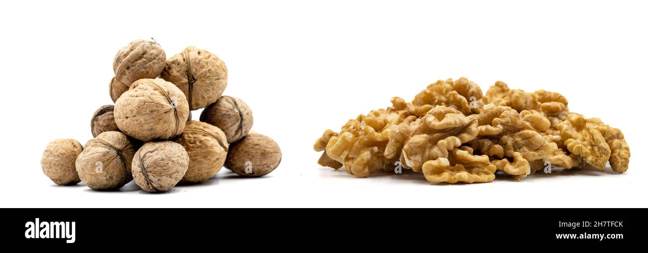 Shelled walnuts and walnut kernels isolated on a white background ...