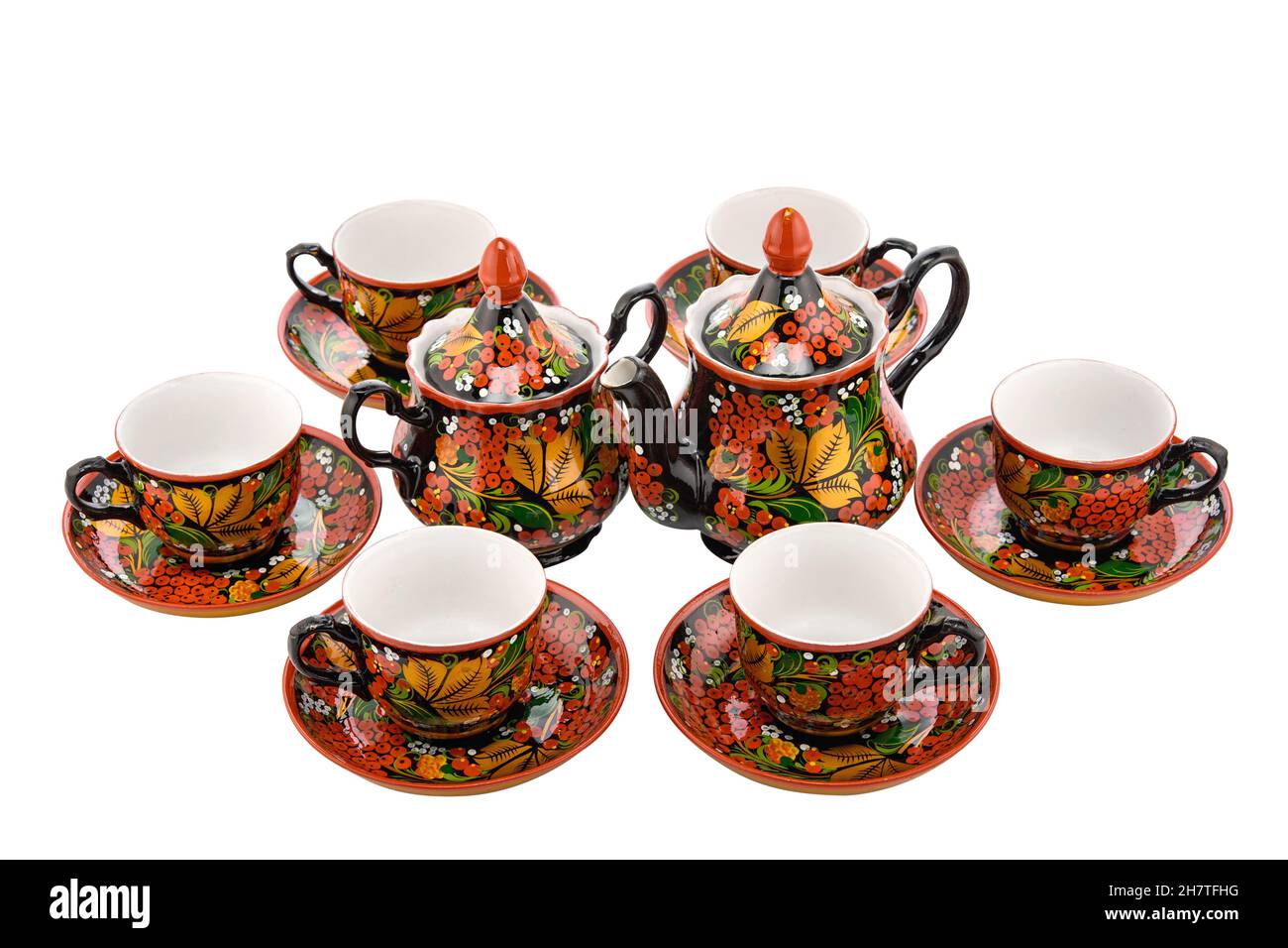 Tea Set of Old Traditional Russian folk utensils. Dishes with handmade ...