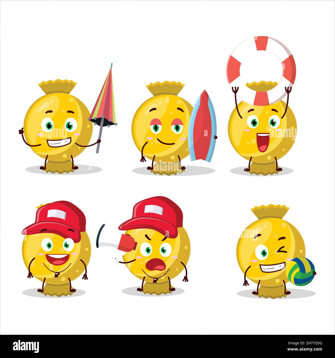 Happy Face yellow candy wrap cartoon character playing on a beach ...