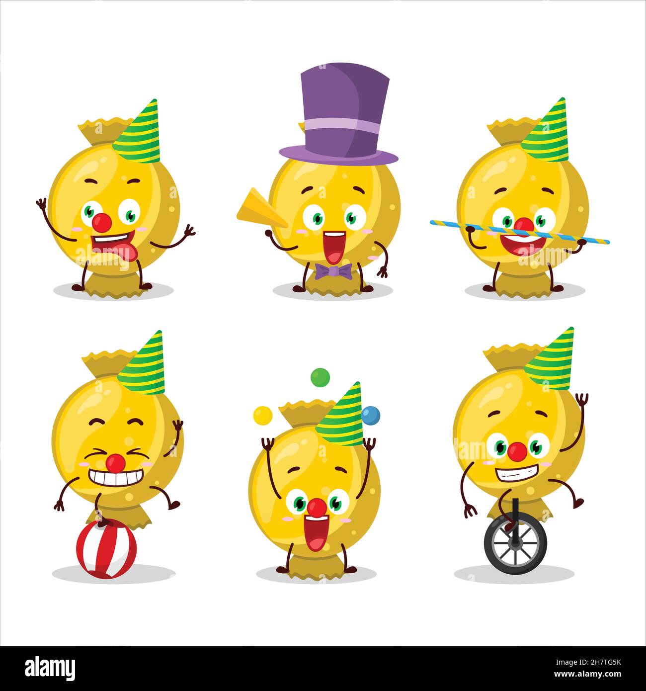 Cartoon character of yellow candy wrap with various circus shows ...