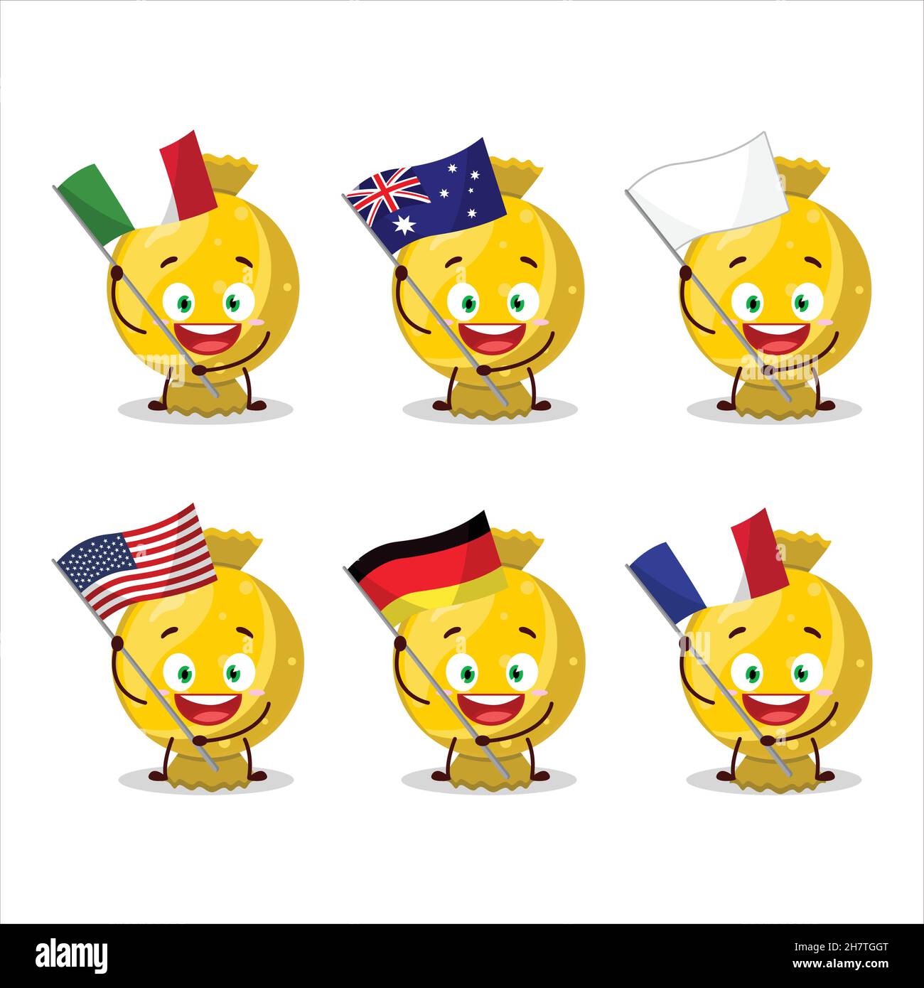 Yellow candy wrap cartoon character bring the flags of various ...