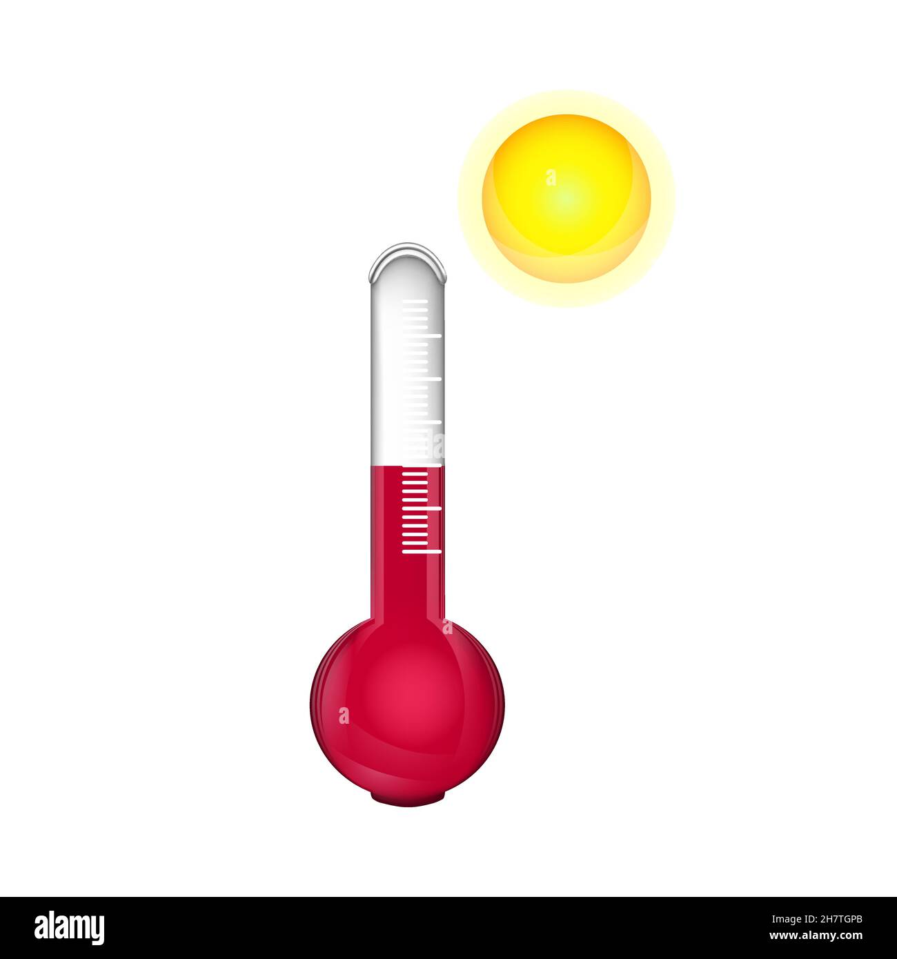 Red thermometer with sun isolated on white background. Heat temperature ...