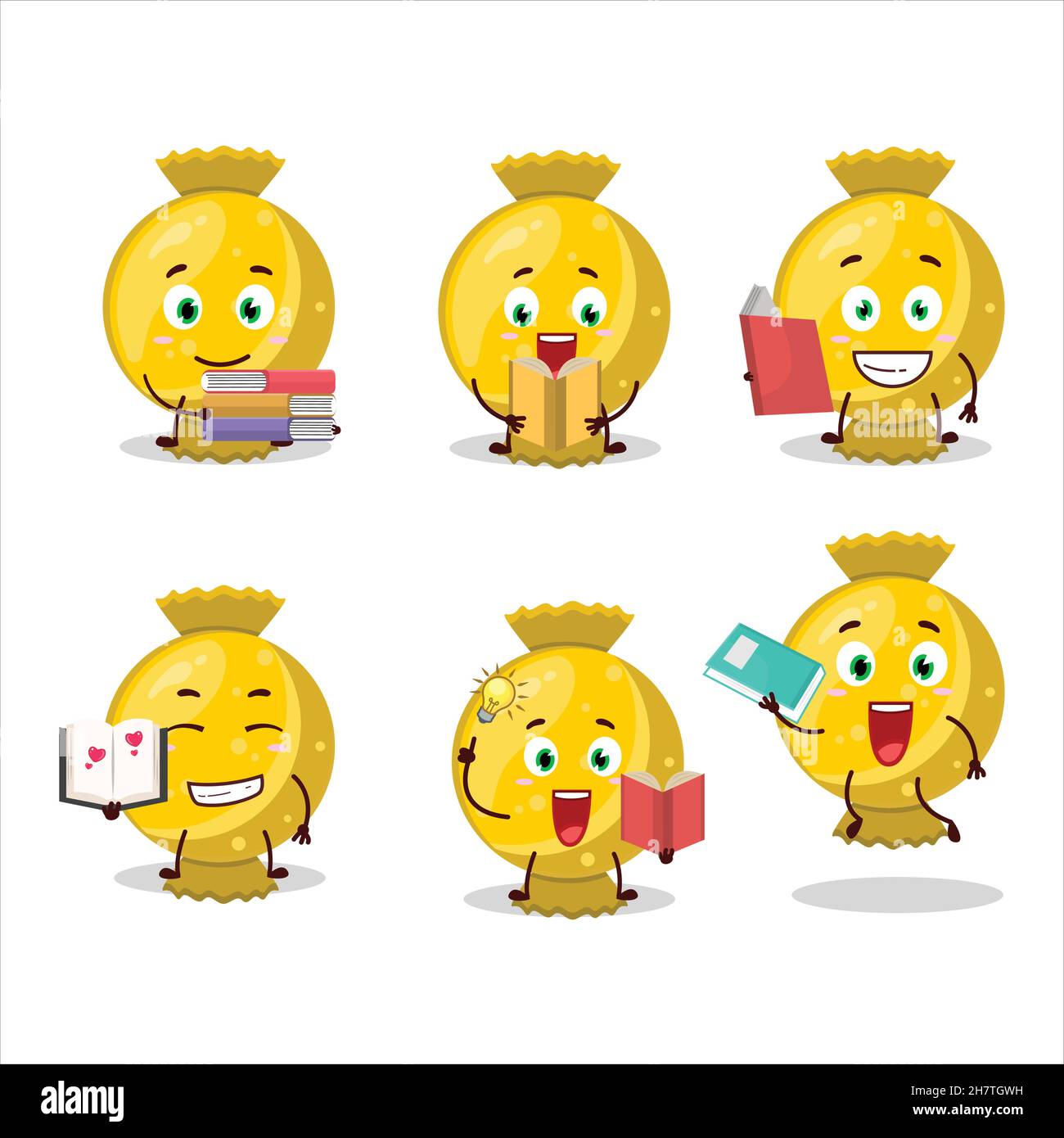 A picture of yellow candy wrap cartoon character concept reading an ...
