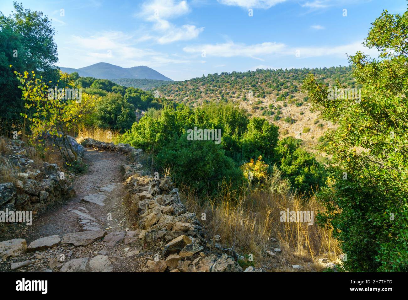 Footpath with mountains and valleys landscape in the Amud Stream Nature ...