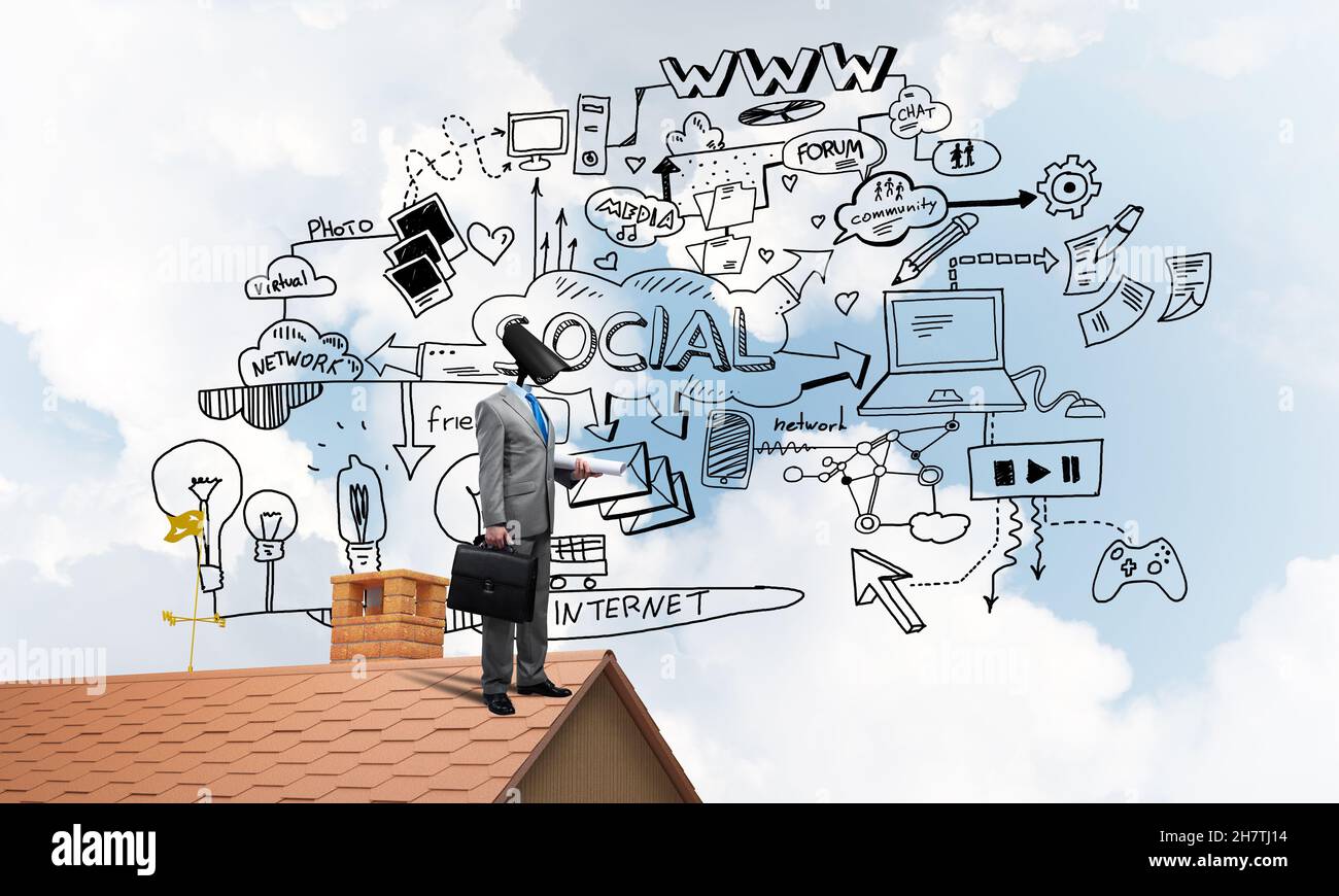 Concept of home security and privacy protection with camera headed man ...