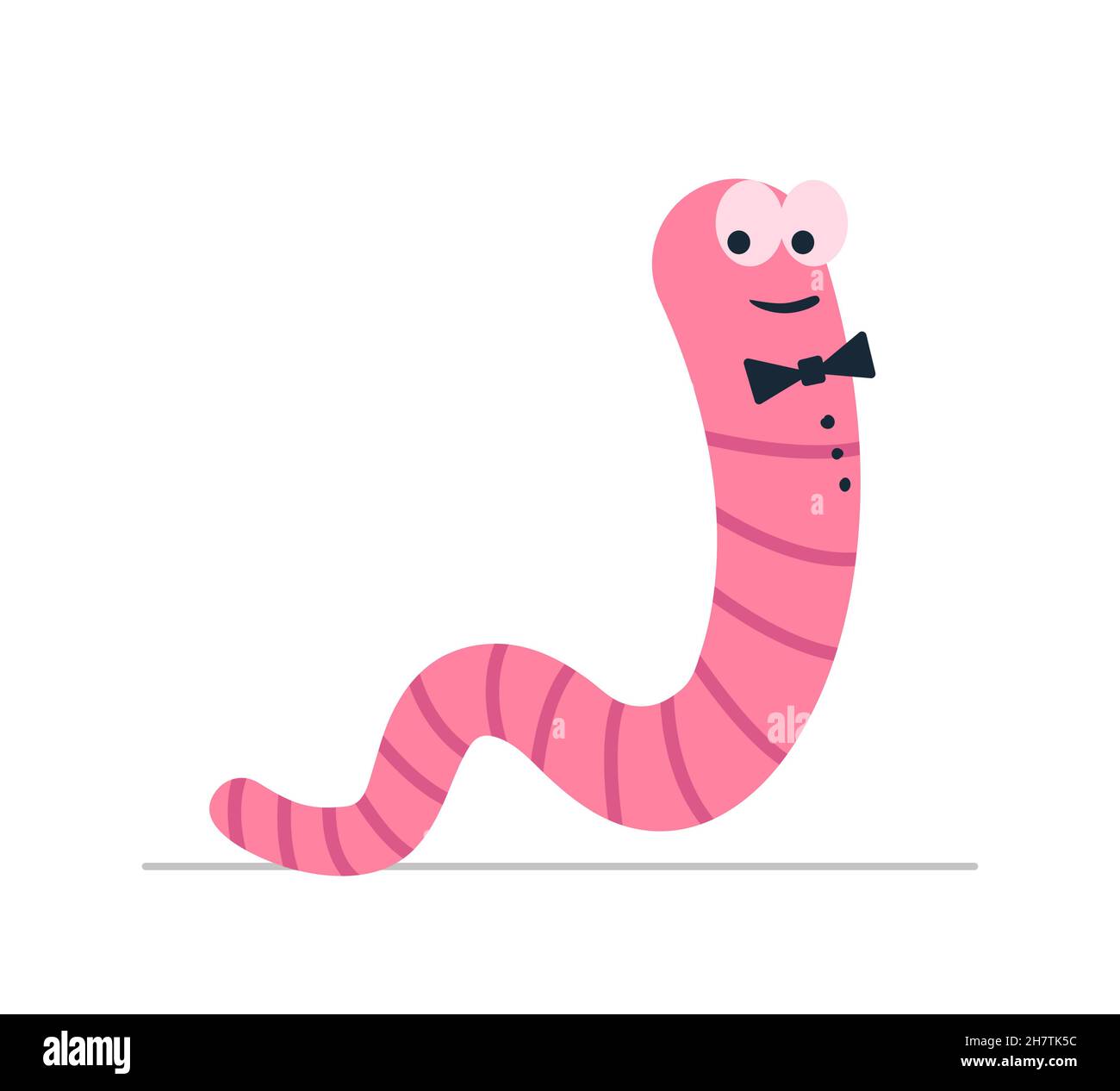 Pink worm with bow tie, flat style. Earthworm is a cartoon character ...