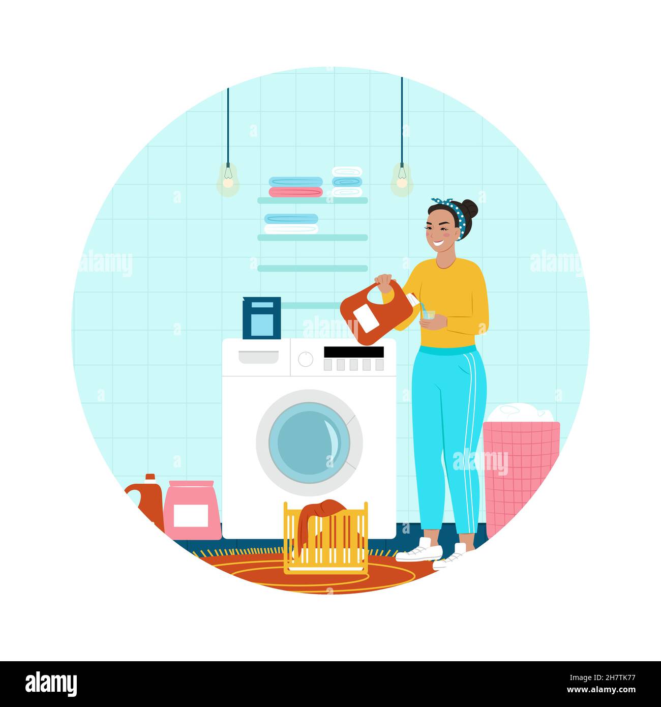 Happy woman in laundry, cleaning and washing. Vector illustration Stock ...