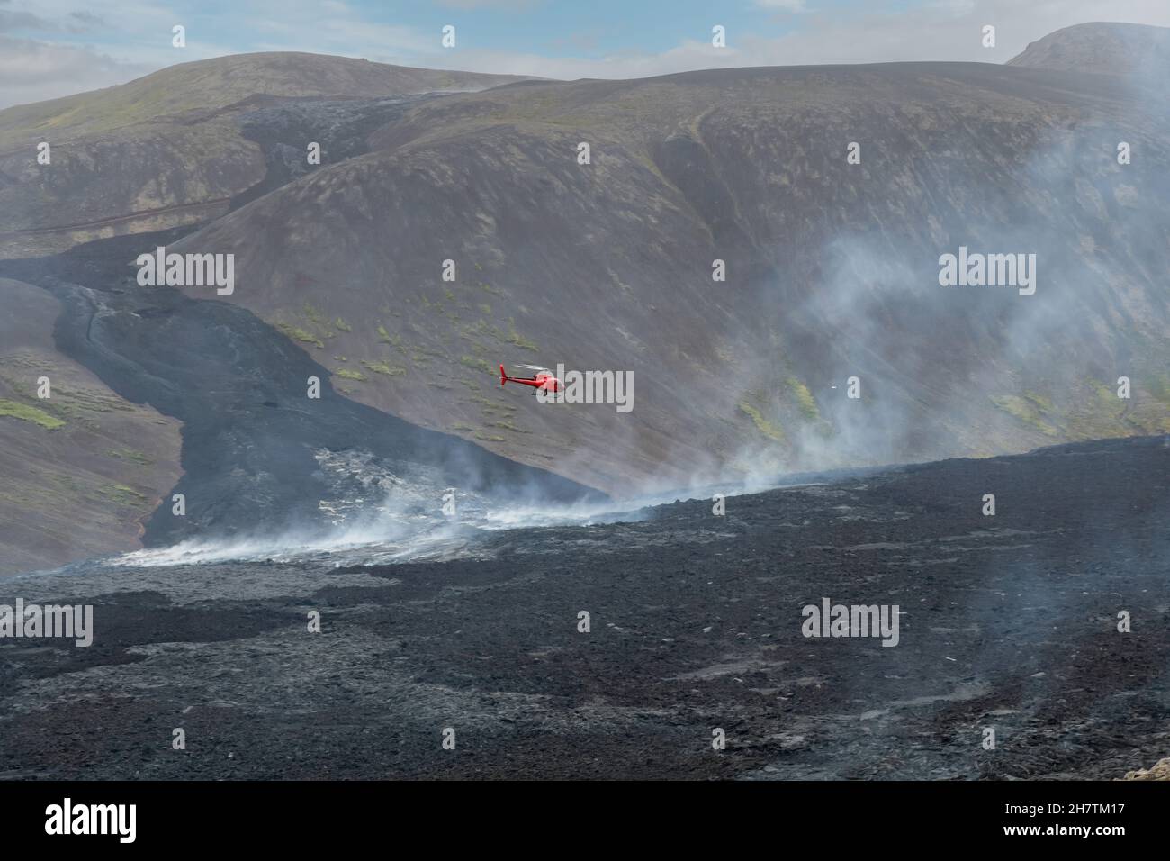 High angle view of helicopter above lava crust or ingenious rock ...