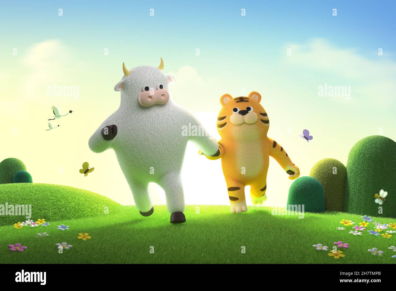 3D rendered graphic of cute tiger and cow holding hands, year 2022 ...