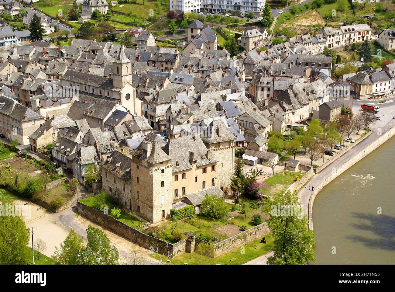 The town of Entraygues-sur-Truyere on the confluence of the Truyere and ...