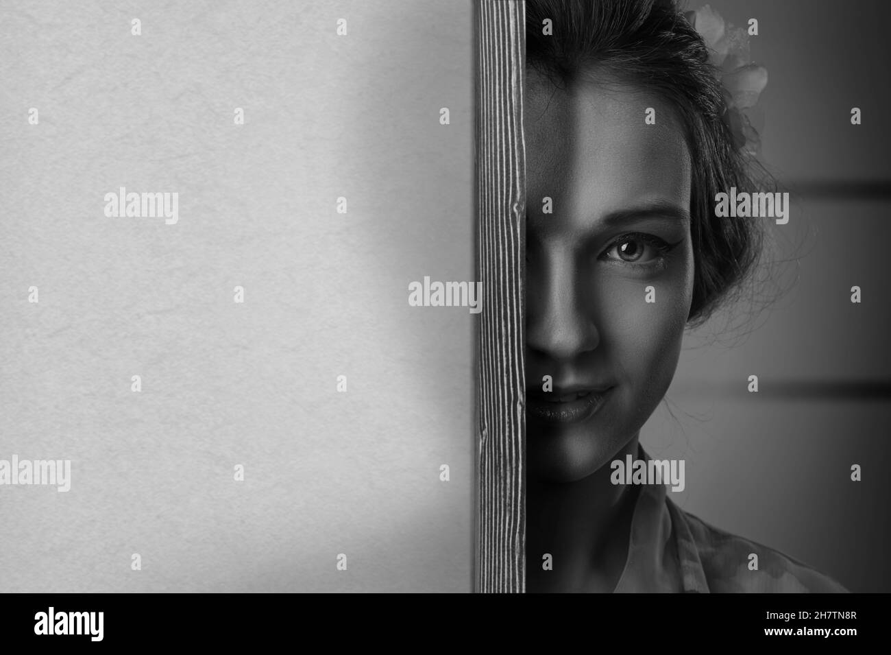 Silhouette of woman behind screen Black and White Stock Photos & Images ...