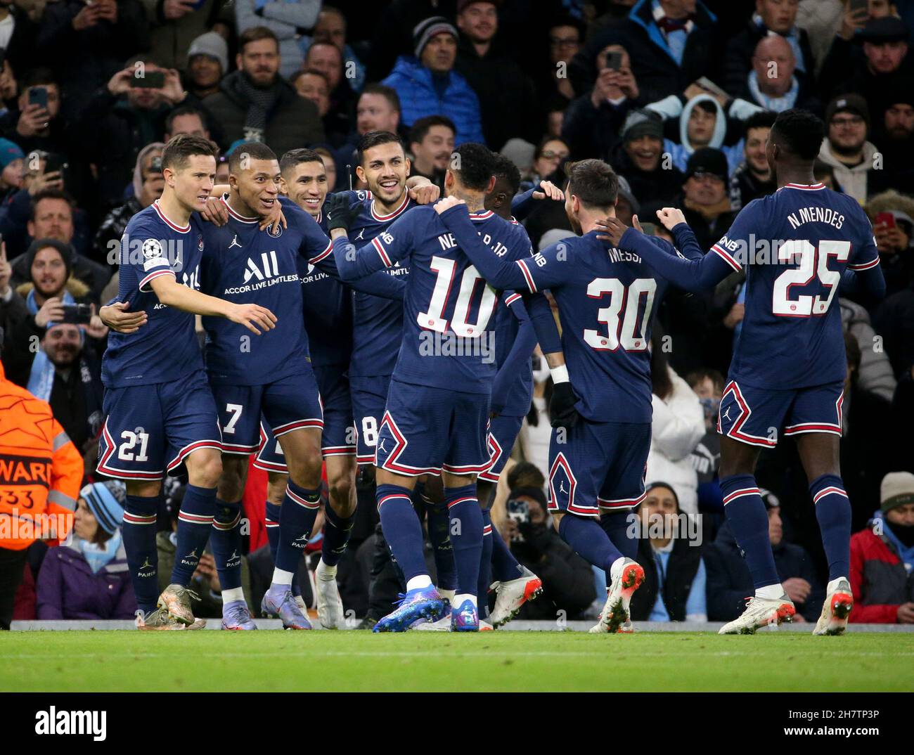 Kylian Mbappe of PSG #7 celebrates his goal with Ander Herrera, Achraf ...