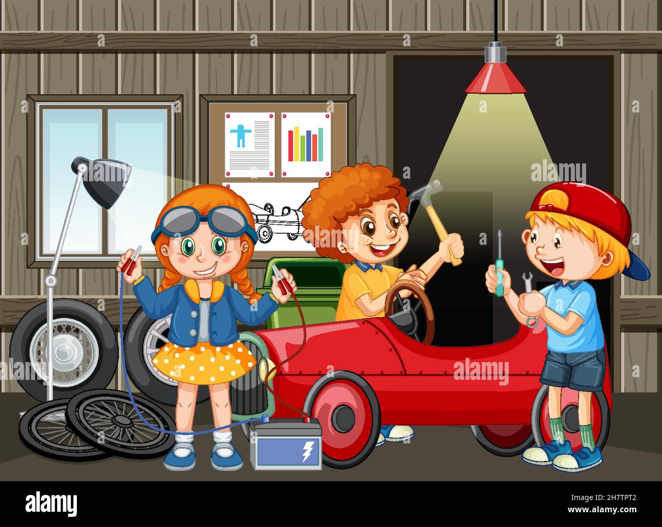 Garage scene with children fixing a car together illustration Stock ...