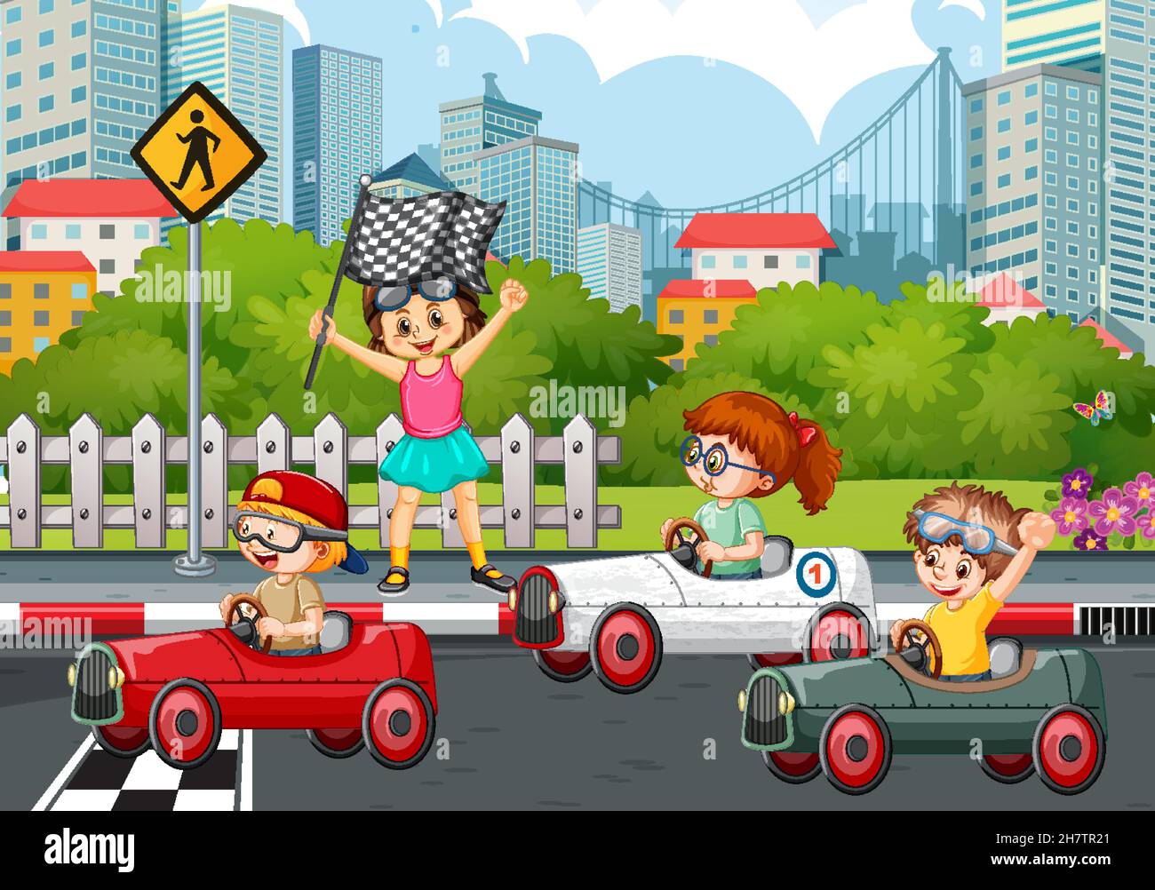 Park scene with children racing car illustration Stock Vector Image ...