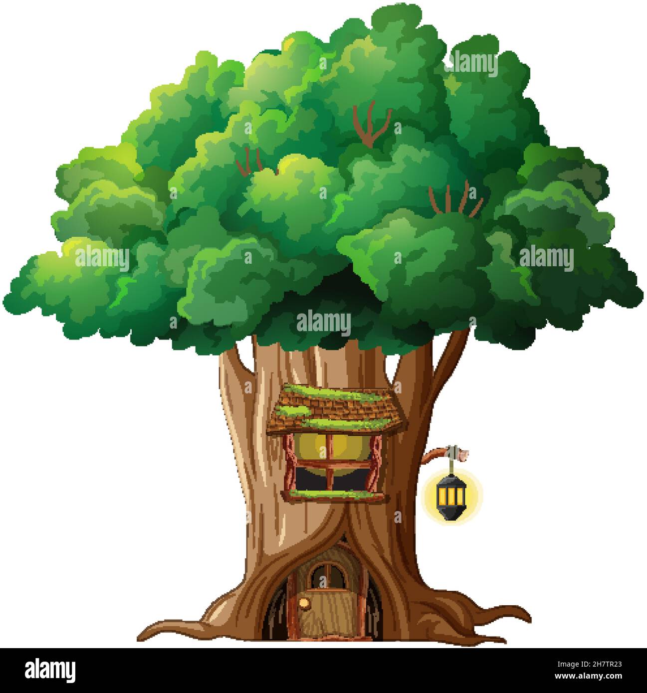 Fantasy tree house inside tree trunk on white background illustration ...