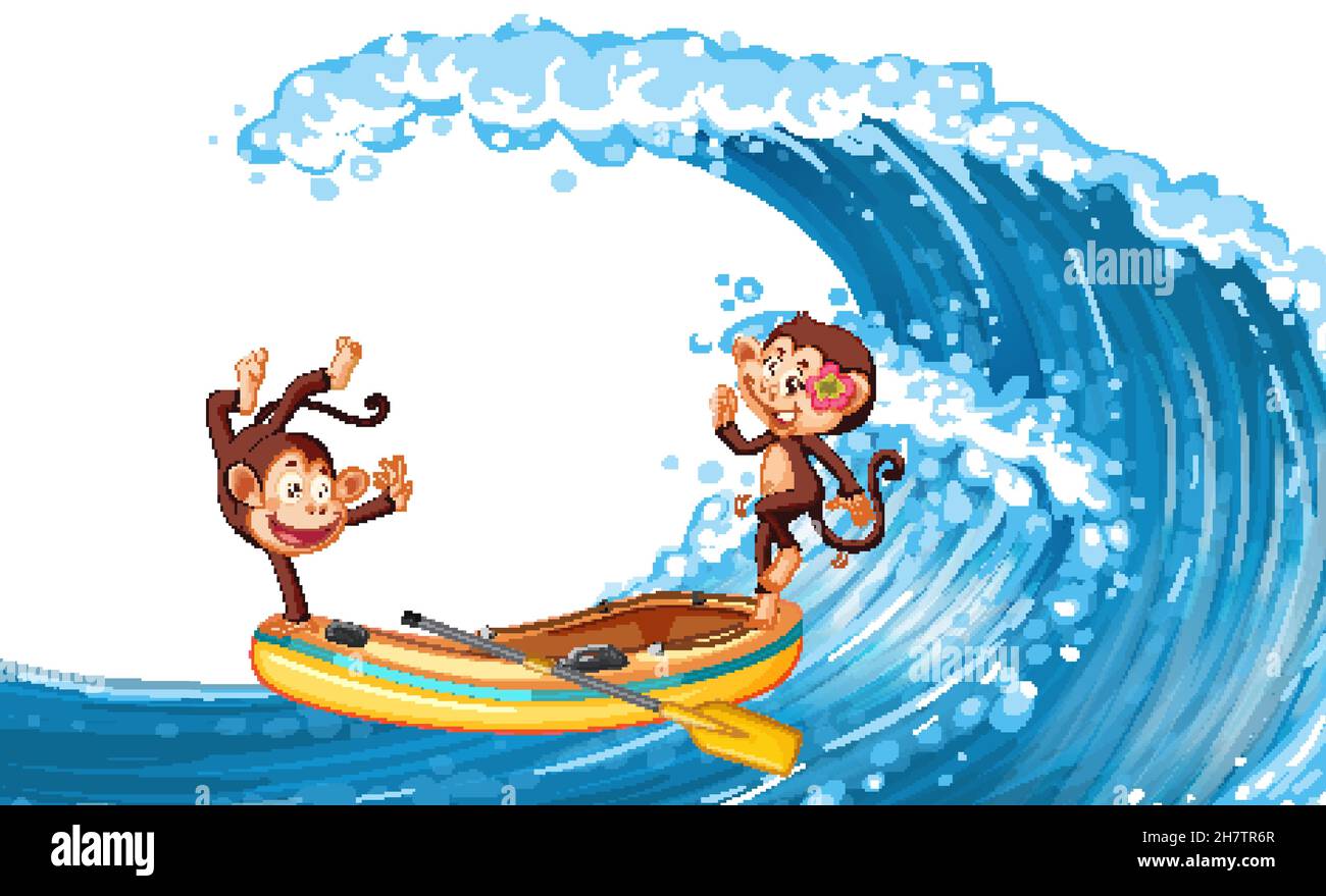 Happy monkeys dancing on a inflatable boat on ocean wave illustration ...