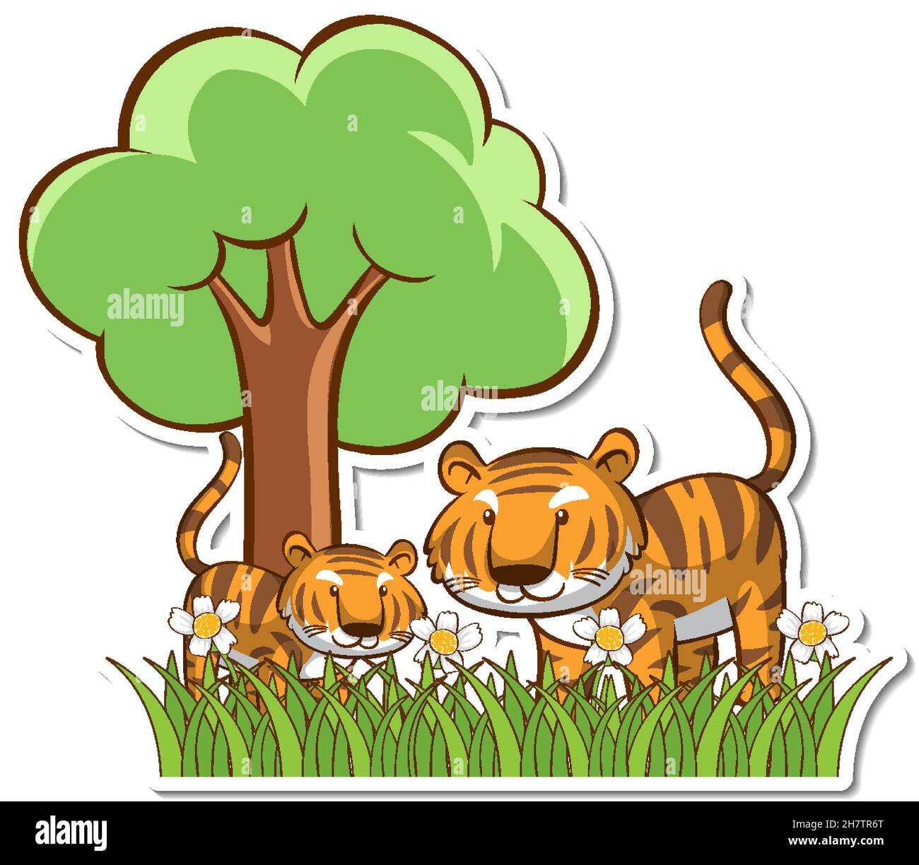 Tiger mom and baby standing in grass field sticker illustration Stock ...