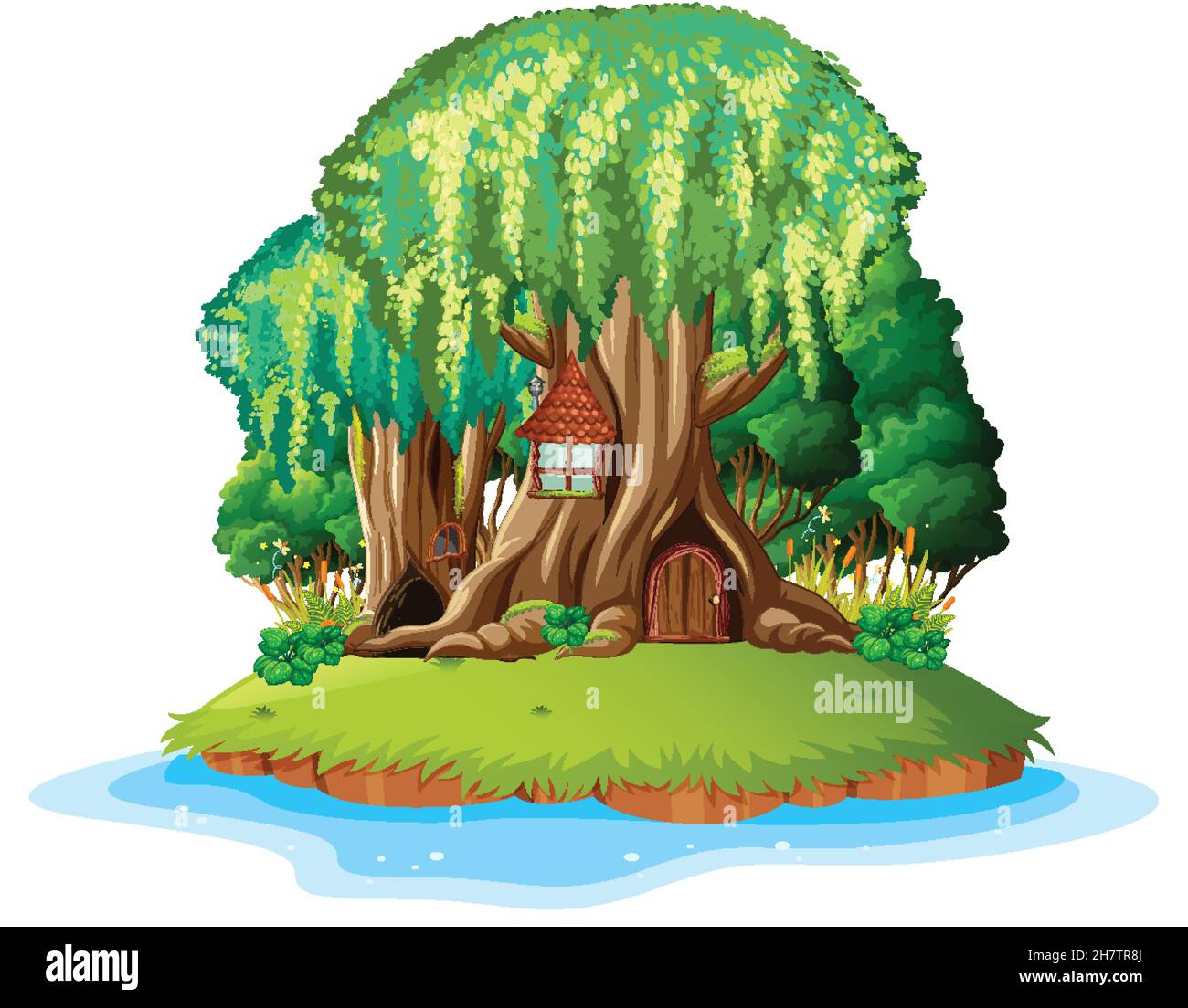 Fantasy tree house inside tree trunk illustration Stock Vector Image ...