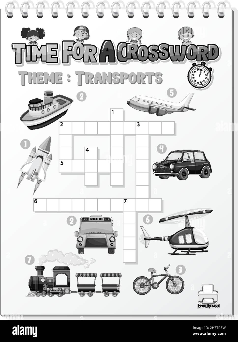 Crossword puzzle game template about transportation illustration Stock ...