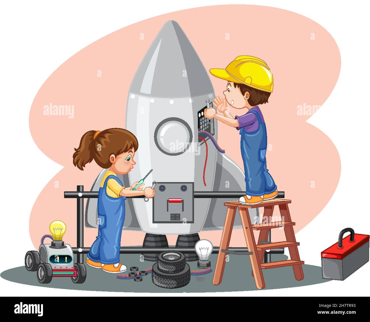 Children fixing a rocket together on white background illustration ...