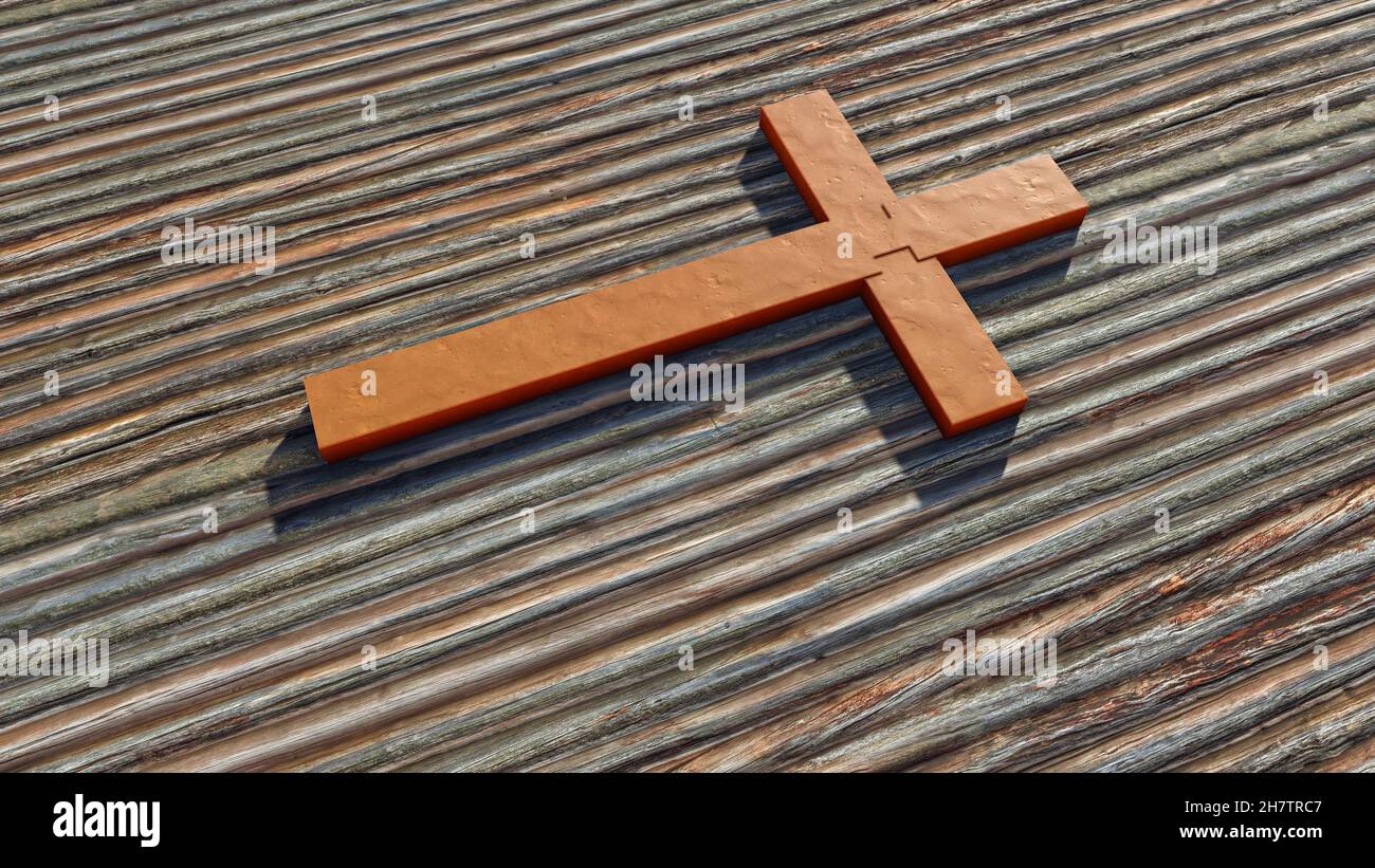 Concept or conceptual metal rusted cross on a natural wood or wooden ...