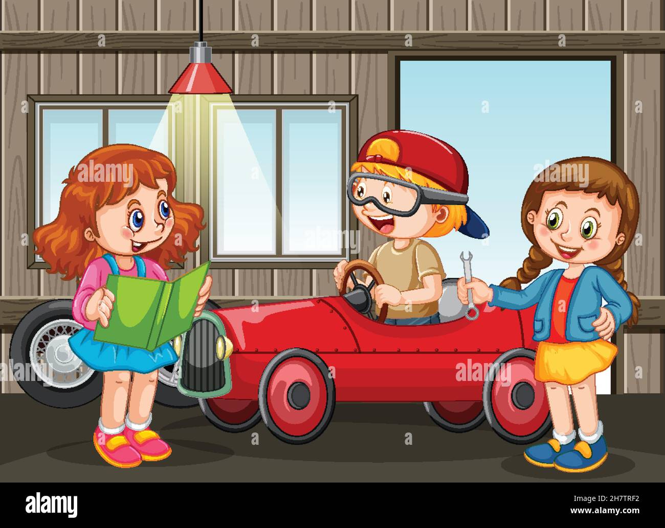 Garage scene with children fixing a car together illustration Stock ...