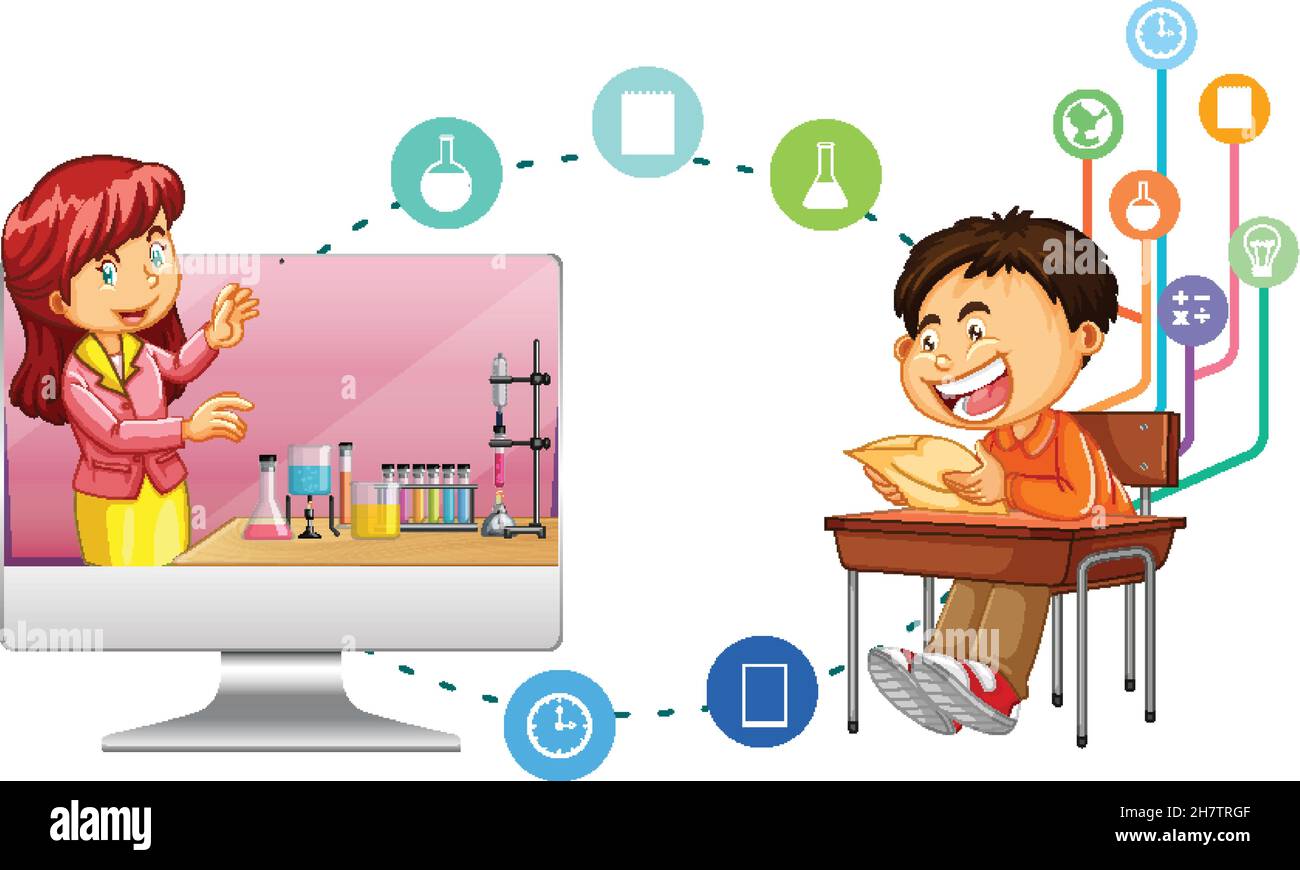 Young boy studying in front of computer illustration Stock Vector Image ...