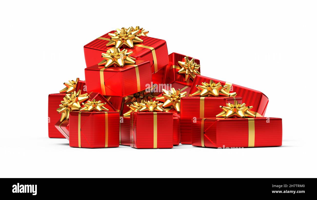 red christmas gifts on white background - 3D rendering Stock Photo - Alamy