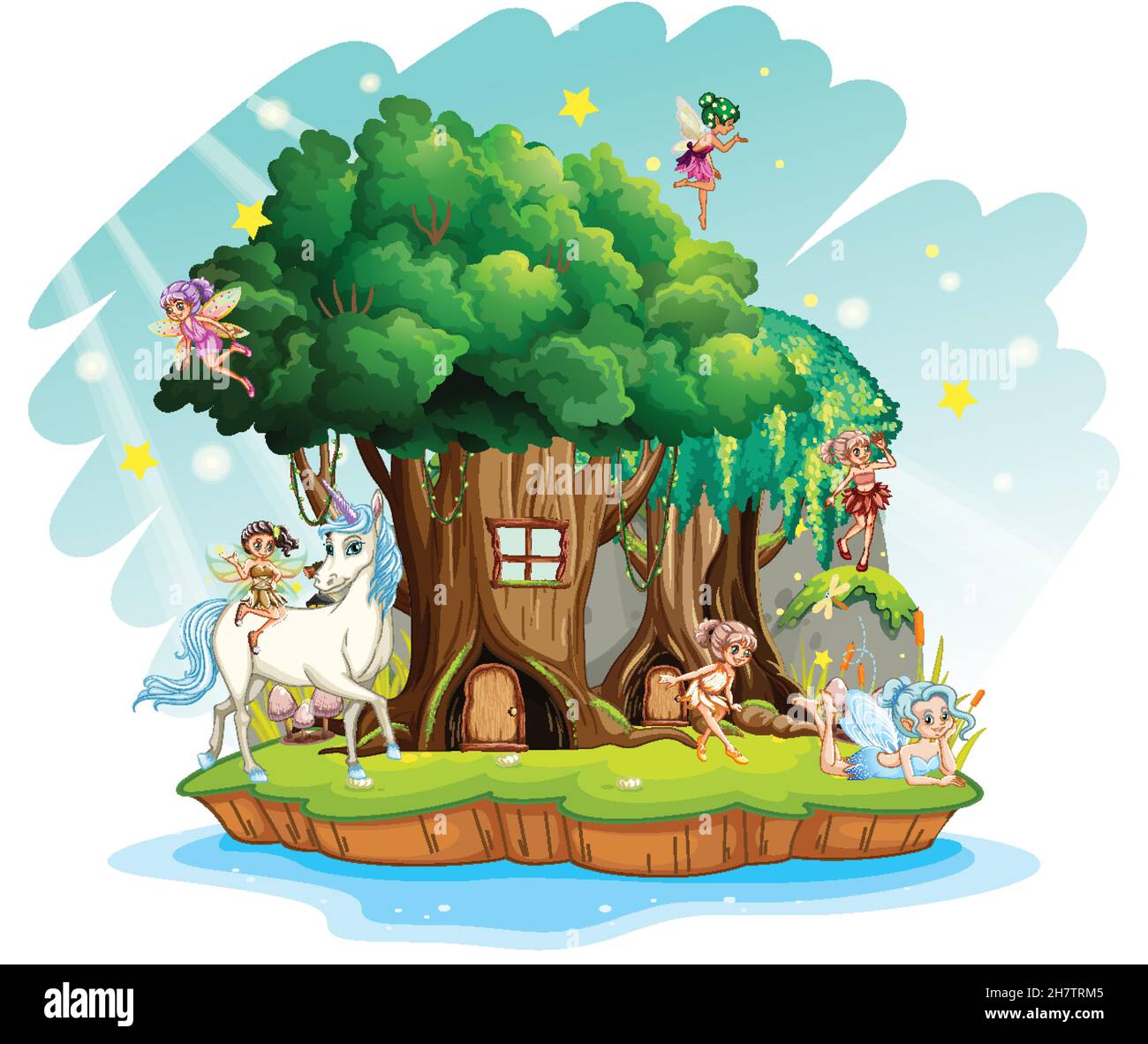 Fantasy Tree House Inside Tree Trunk With Fairies Illustration Stock
