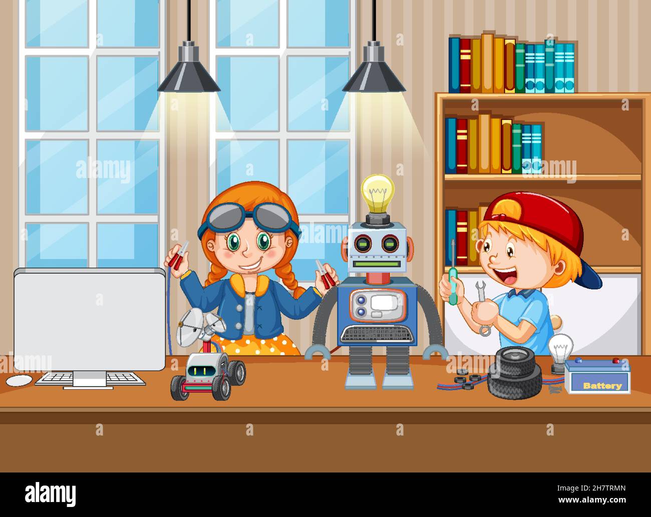 Children fixing a robot together in the room scene illustration Stock ...