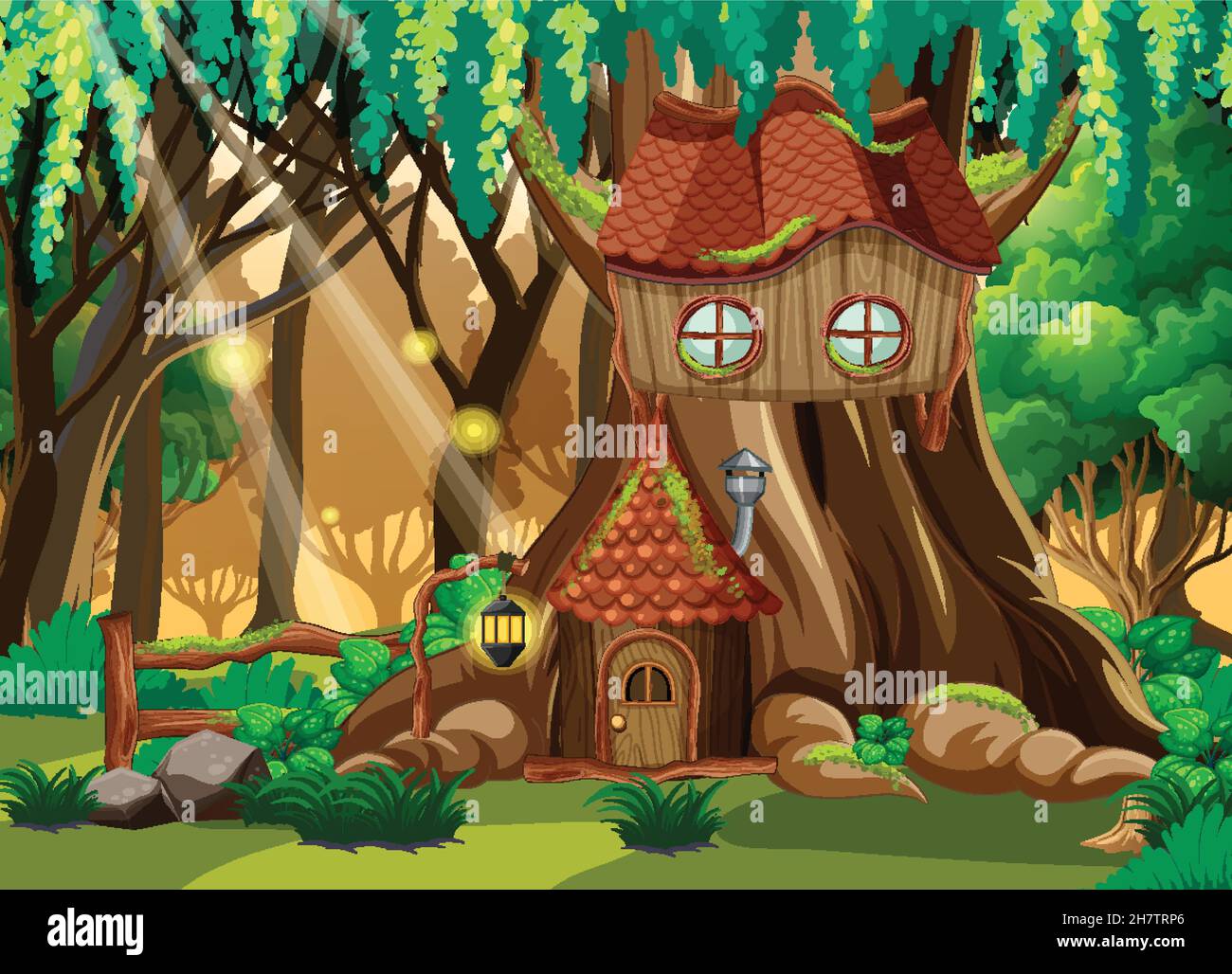 Fantasy forest background with tree house illustration Stock Vector ...