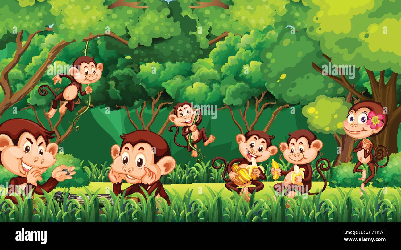 Forest scene with funny monkeys cartoon illustration Stock Vector Image ...