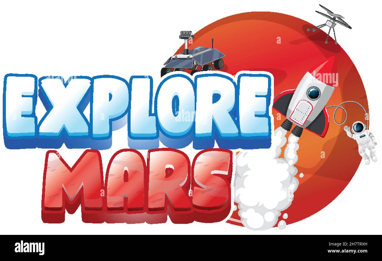Explore Mars word logo with spaceship and planet illustration Stock ...