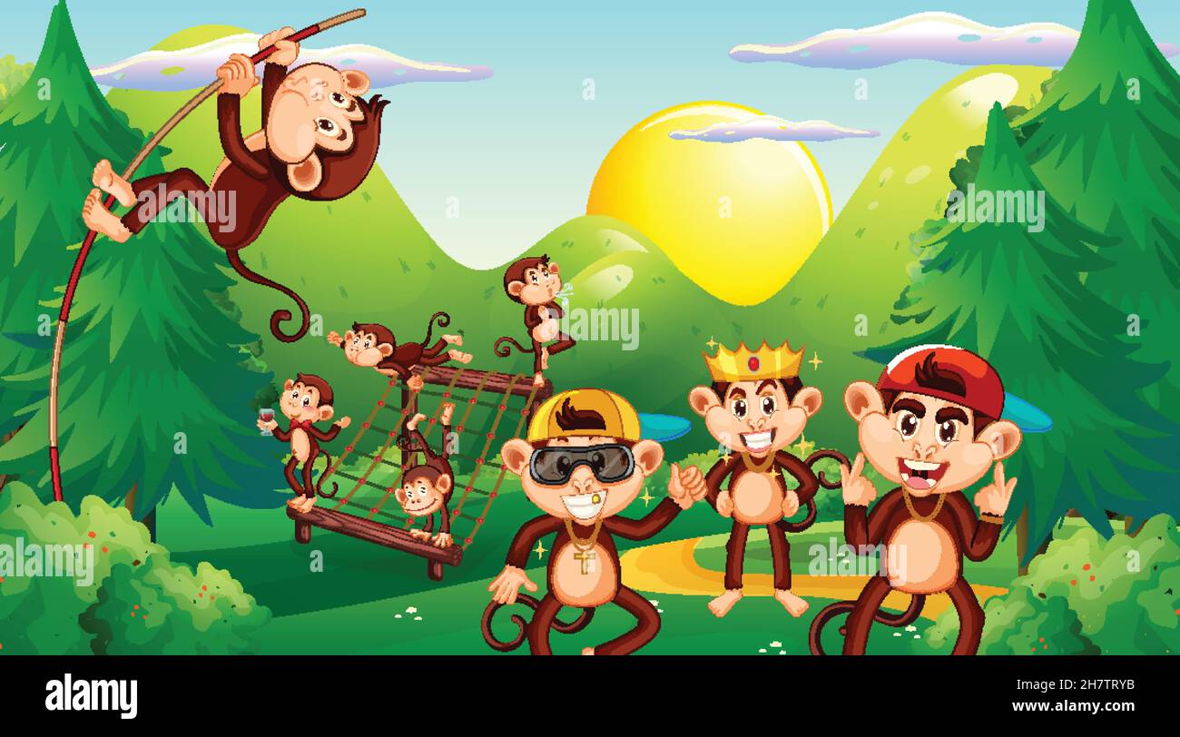 Little monkeys playing in forest scene illustration Stock Vector Image ...