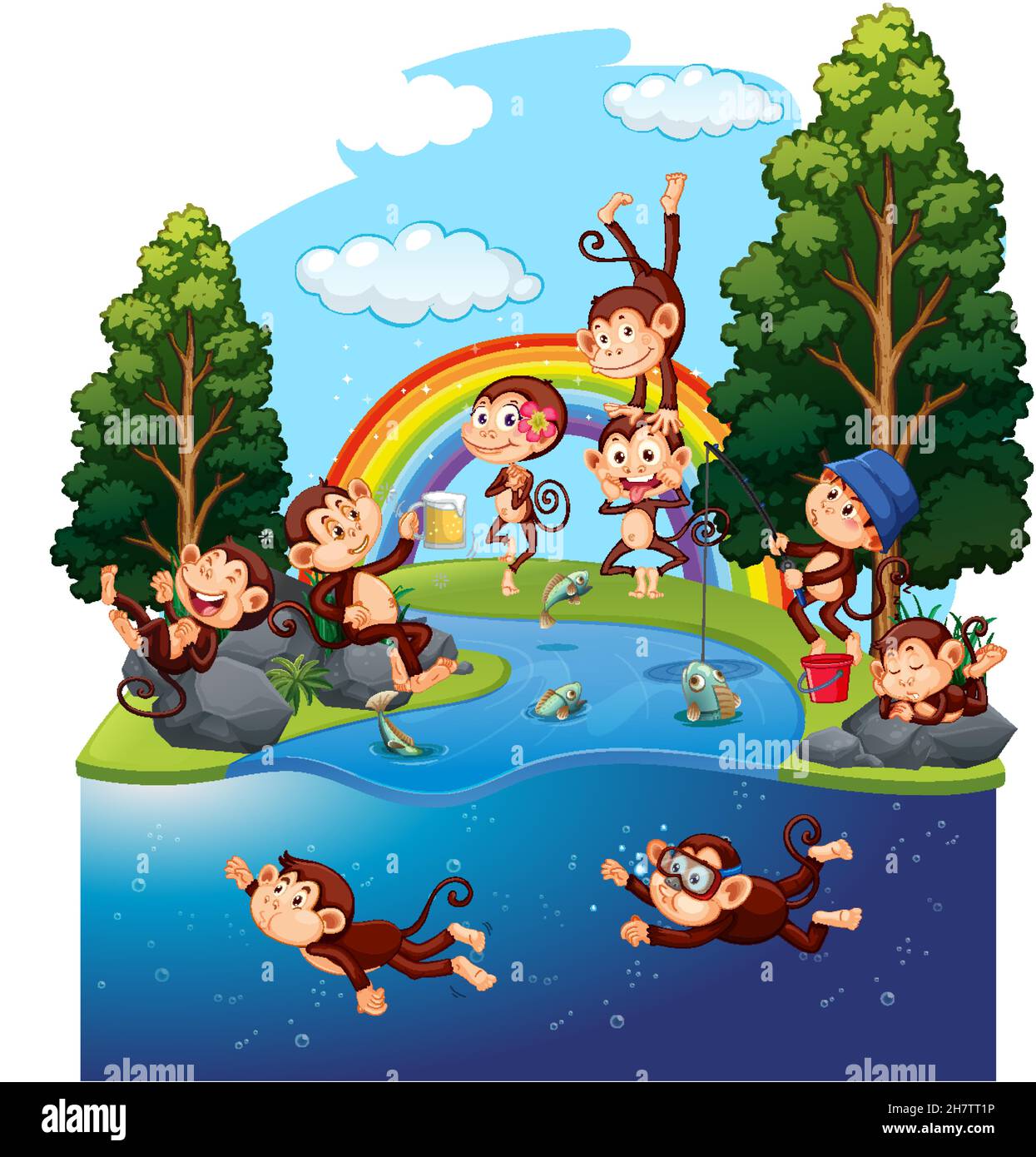 Funny monkeys in the forest illustration Stock Vector Image & Art - Alamy