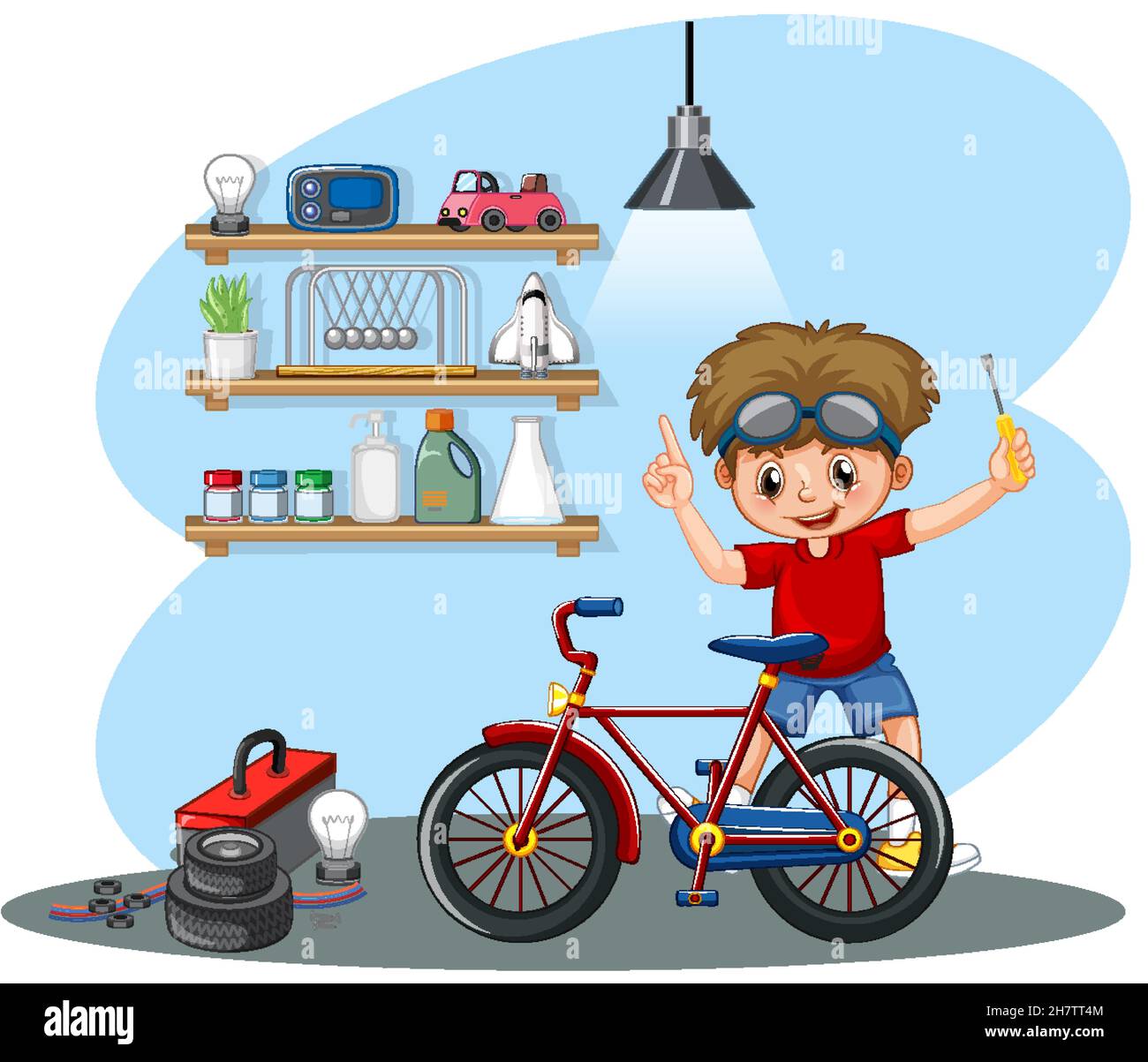 Young boy fixing a bicycle together illustration Stock Vector Image ...