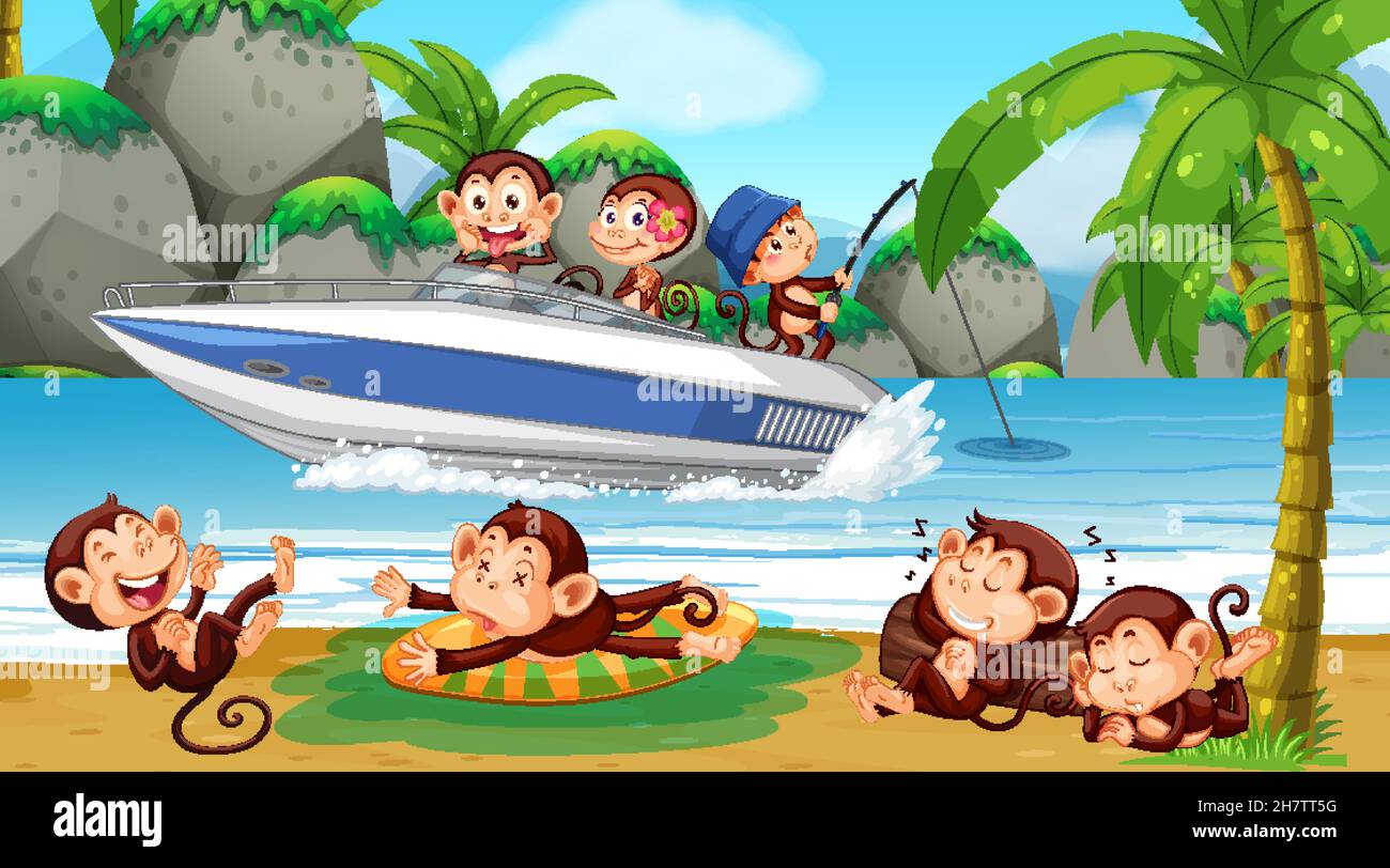 Beach scene with monkeys doing different activities illustration Stock ...