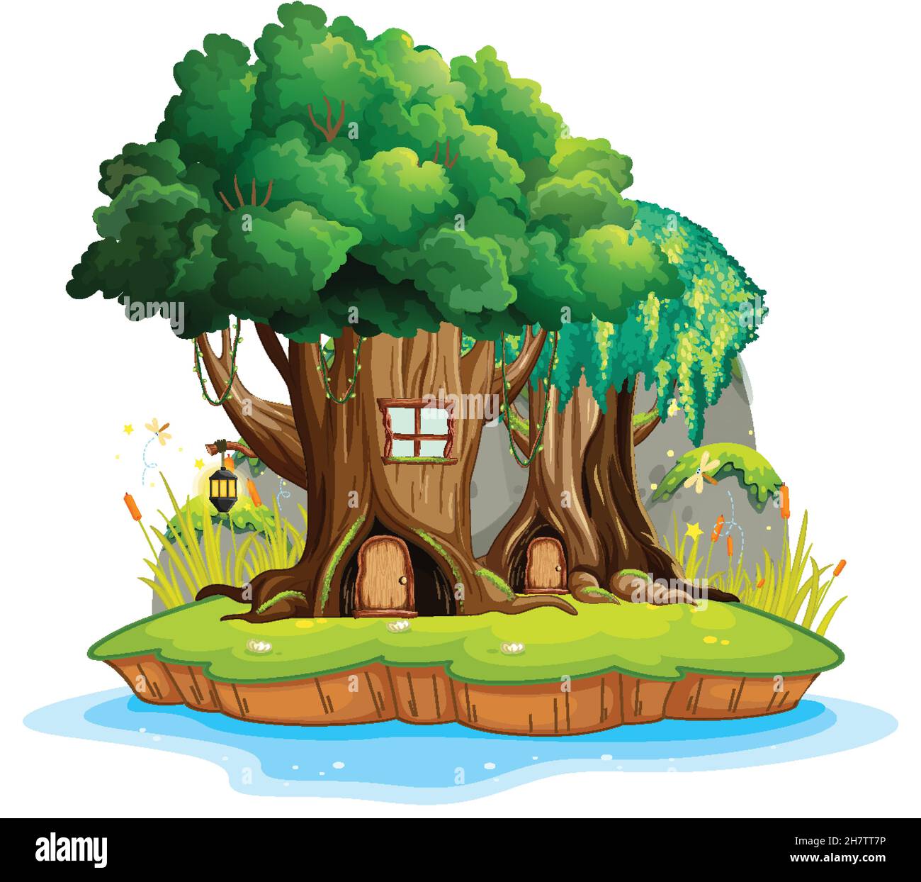 Fantasy tree house inside tree trunk on white background illustration ...