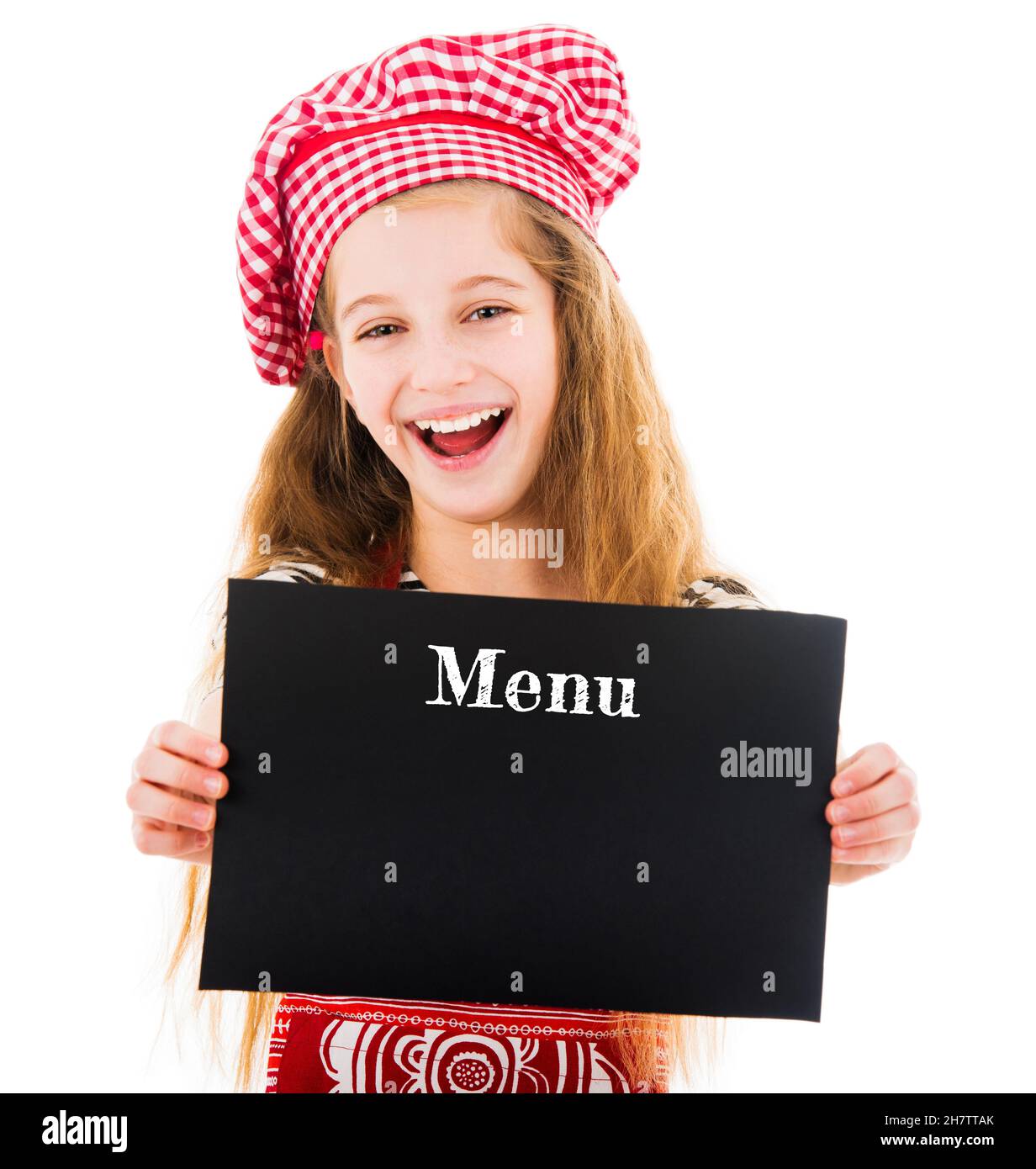 Little girl holding menu mockup with copy space Stock Photo - Alamy