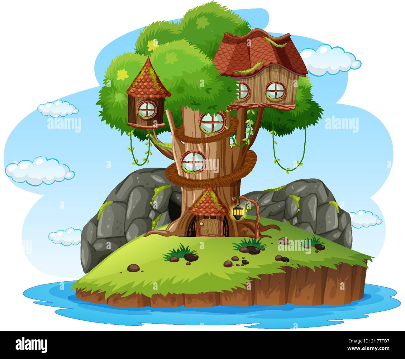 Fantasy tree house inside tree trunk on white background illustration ...