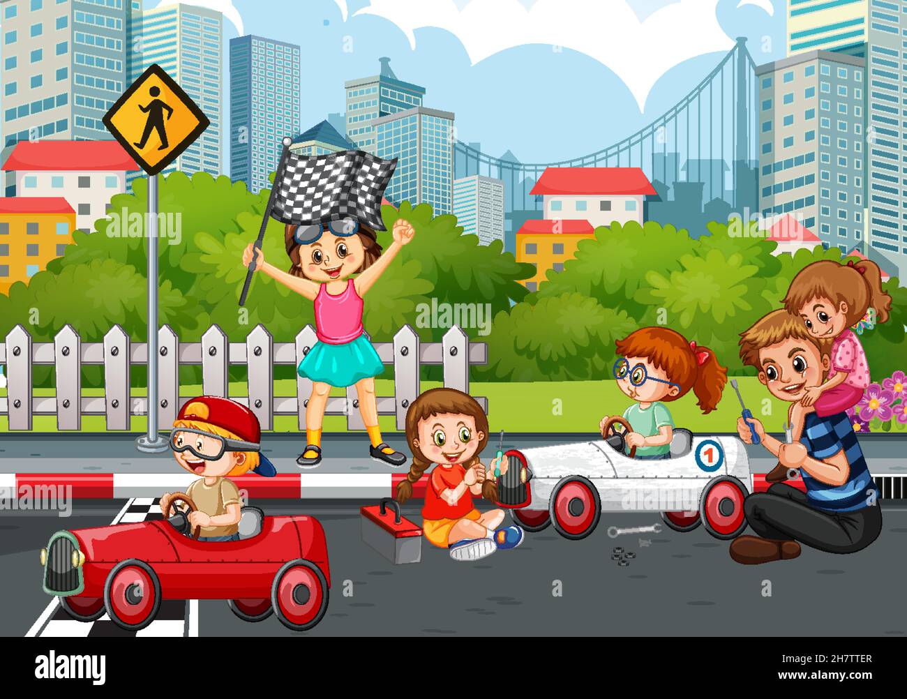 Outdoor scene with children racing car illustration Stock Vector Image ...