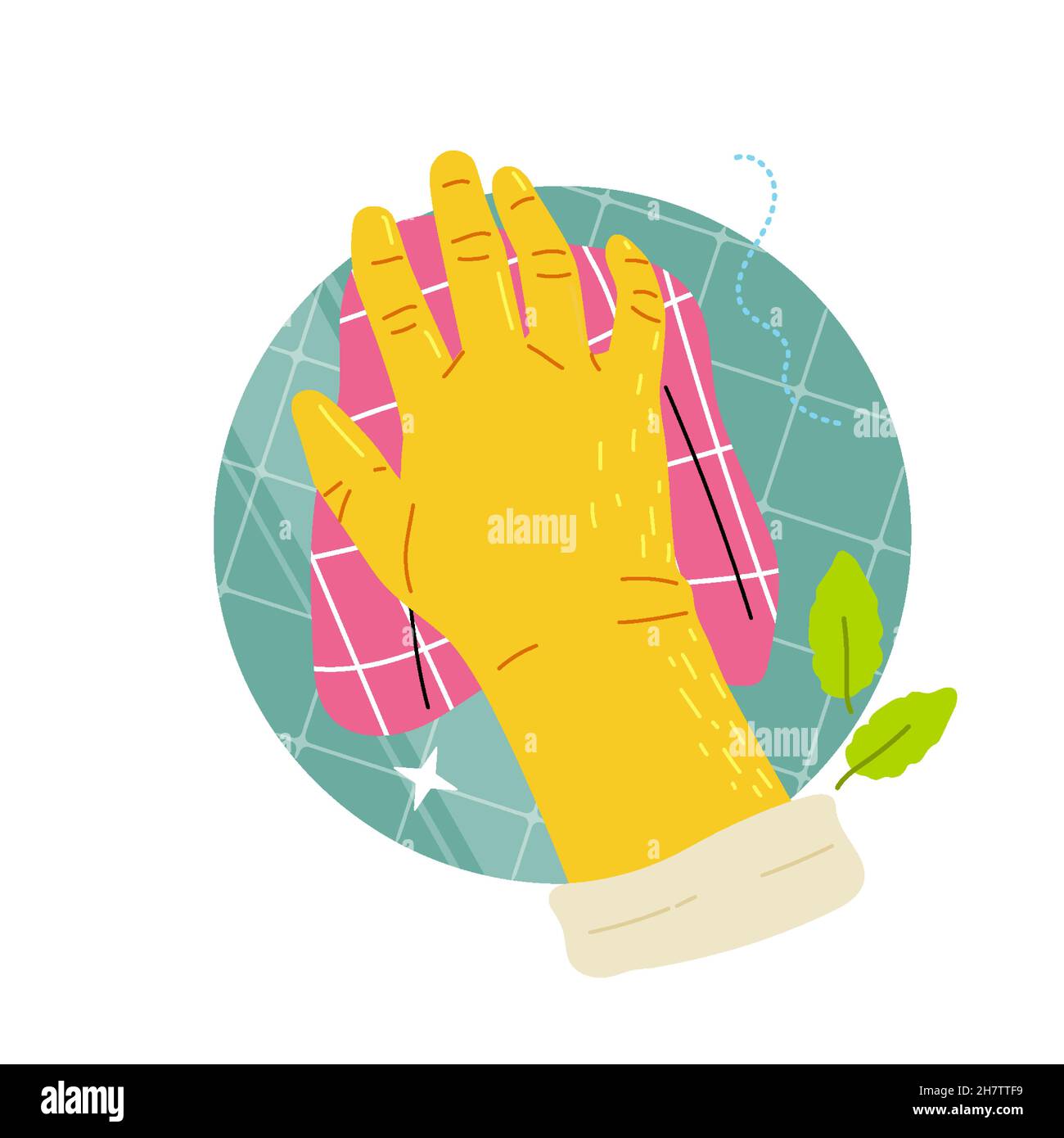 Hand in yellow rubber glove holding pink rag on a white background with ...