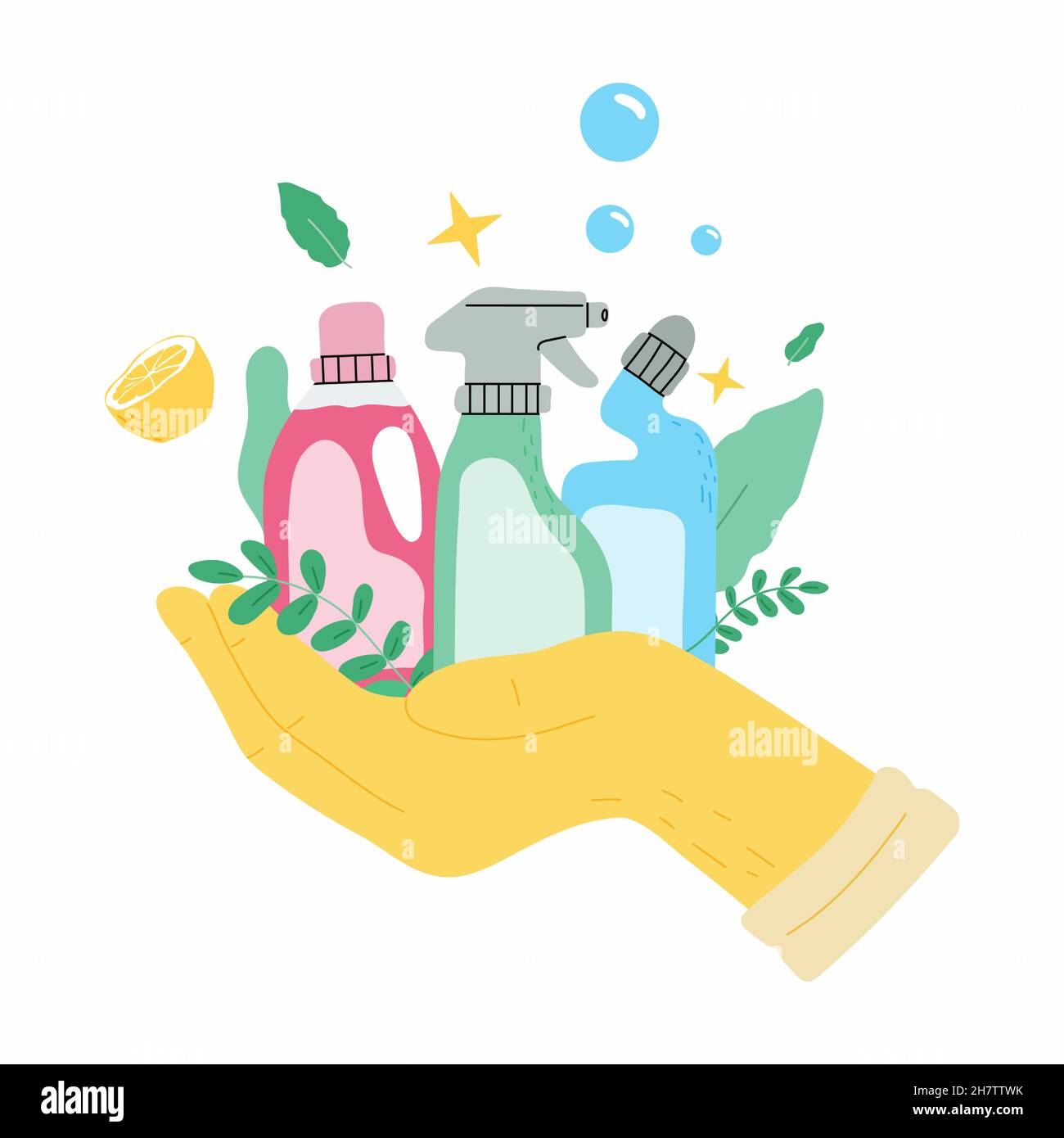 Set with Eco friendly cleaning products. A hand in glove holding window ...