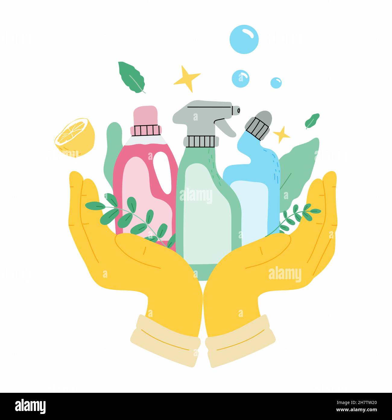 Set with Eco friendly cleaning products. Two hands in gloves holding ...